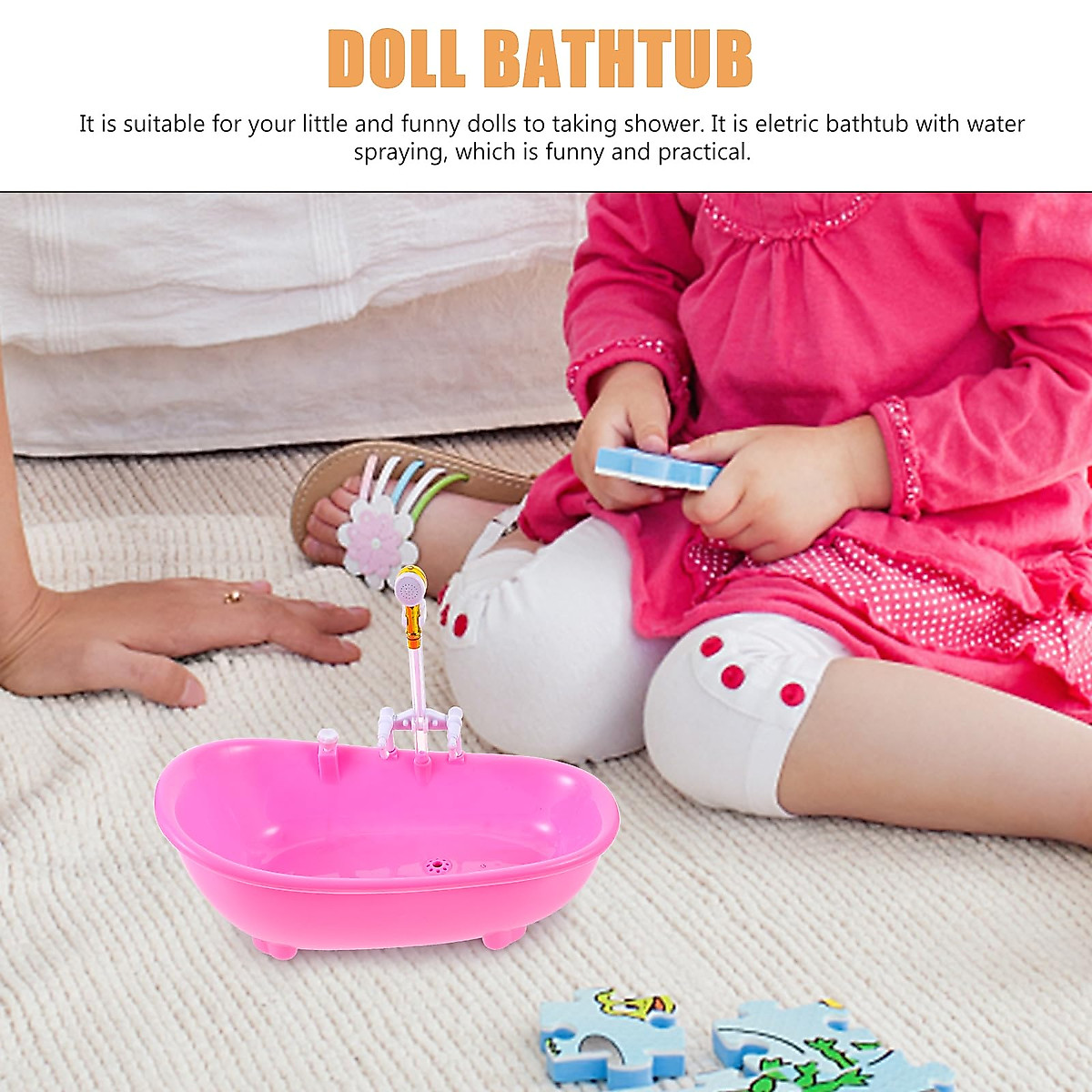 Toyvian Toy Bathtub for Dolls, Baby Doll Real Working Bath Set Electric Bathtub with Shower and Faucet Pretend Play Toy Play Water Accessories Fits Most Dolls ​Up to 12''