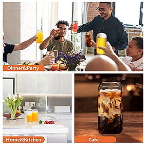 JOYMATE Drinking glasses with Bamboo Lids and Glass Straws 6pcs Set 16oz Can Shaped Glass Cups，Coffee Glasses，Cold Drinks Glasses，Cute Tumbler Cup，Cocktails cups，easy to clean-2 brushes