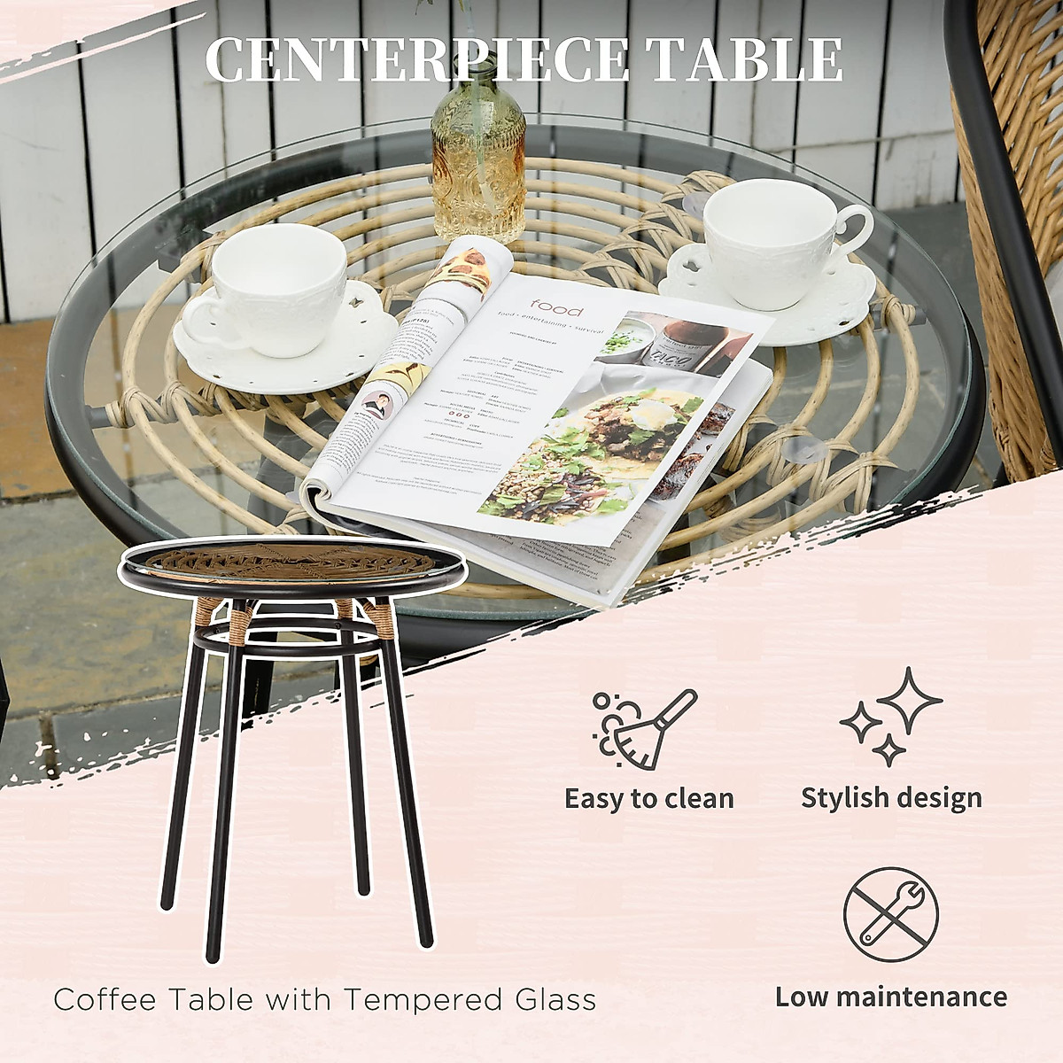 Outsunny 3 Piece Patio Set, Outdoor Bistro Furniture, PE Rattan Wicker Table and Chairs, Cushioned, Hand Woven, Barrel-Style with Tempered Glass for Garden, Porch, Pool, Backyard, Cream White