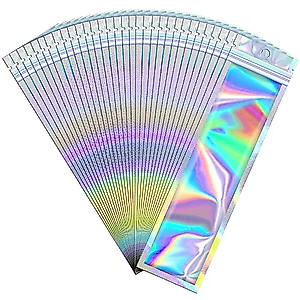 JETMORE 100 Pcs Mylar Bags, Holographic Bags, Smell Proof Bags, Resealable Bags for Small Business, Sample Bags with Clear Window, Sealable Bags for Pen, Brushes, Jewelry, Candy, Necklaces (2.4x9in)