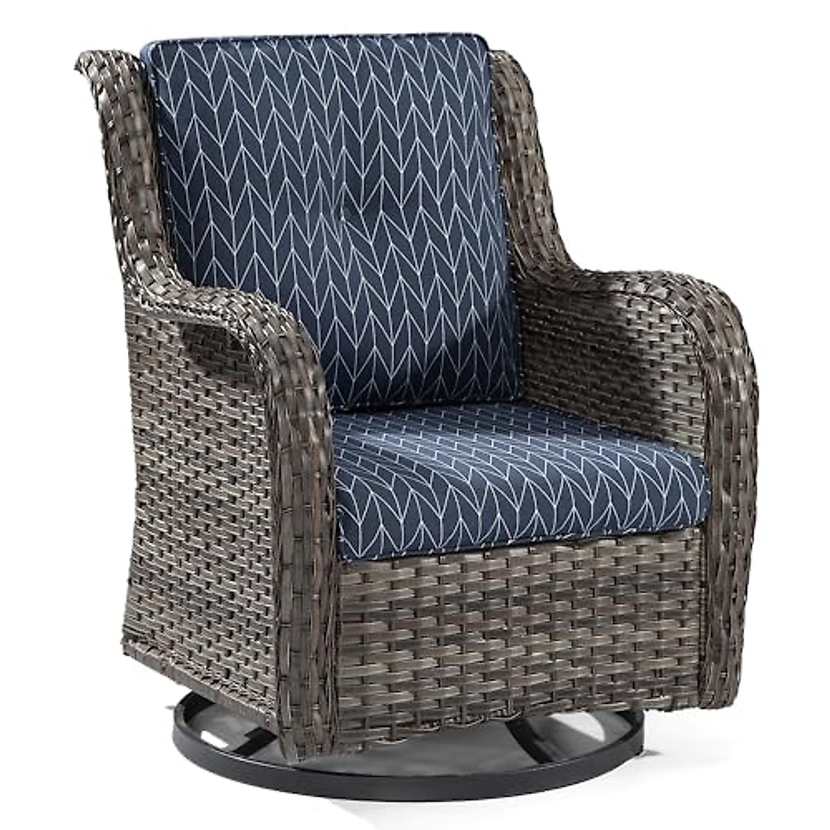 Gardenbee Outdoor Swivel Rocker Chair, High Back Swivel Patio Chairs Wicker Furniture, 1PC Rattan Swivel Rocking Chair with OIefin Cushions, Herringbone Navy
