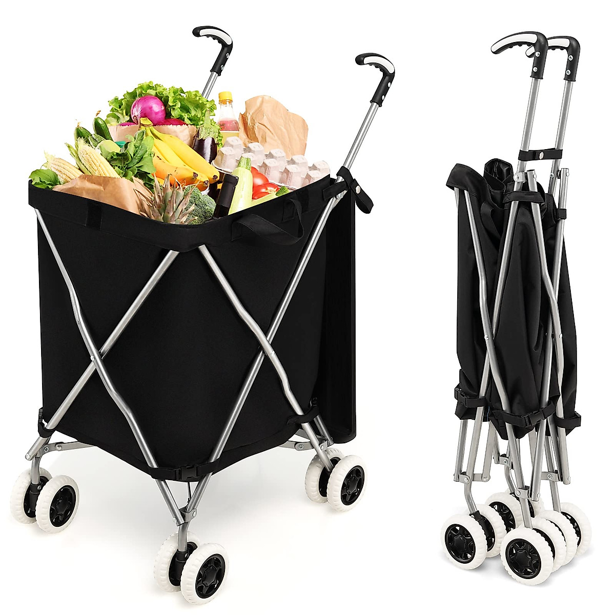 Goplus Folding Shopping Cart with Wheels, Grocery Cart with Removable Oxford Cloth Liner, Lightweight Utility Cart for Groceries Laundry Black