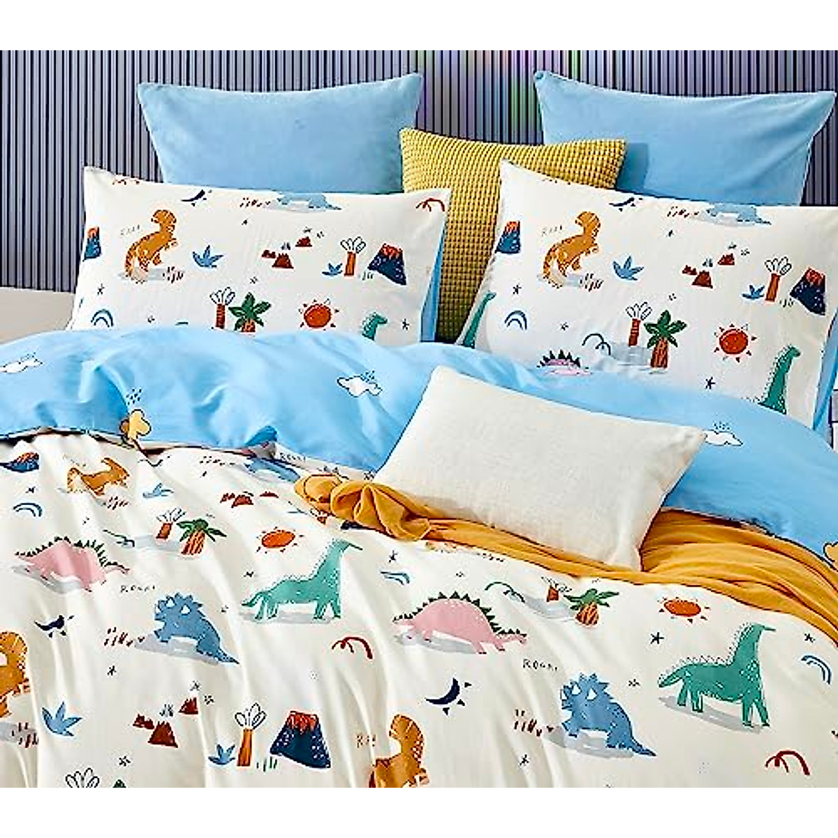 archers Kids Duvet Cover Set – Full, 4 pcs Include Reversible Duvet Cover, Fitted Sheet, 2 Pillowcases | 100% Cotton |Playful, Fun and Cozy Sheet Set | Dinosaur Print