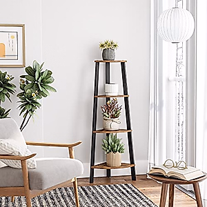 VASAGLE Corner Shelf Stand, 4-Tier Corner Bookshelf, Industrial Corner Ladder Shelf, Plant Stand Display Shelf for Living Room, Office, Kitchen, Rustic Brown and Black ULLS34X