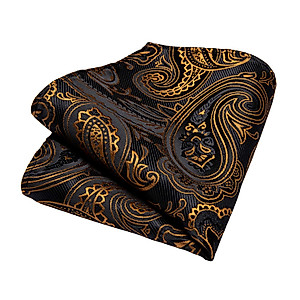 DiBanGu Mens Tie Set Silk Solid Paisley Necktie and Pocket Square Cufflinks Classic Formal Ties for Men Wedding Party, Black and Gold