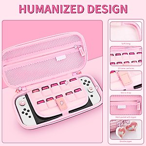 FUNDIARY Cute Bunny Carrying Case for Nintendo Switch and Switch OLED, Pink Portable Travel Case Built-in 10 Game Card Slots for Switch Console Joycon & Accessories with Shoulder Strap and 2 Thumb Cap