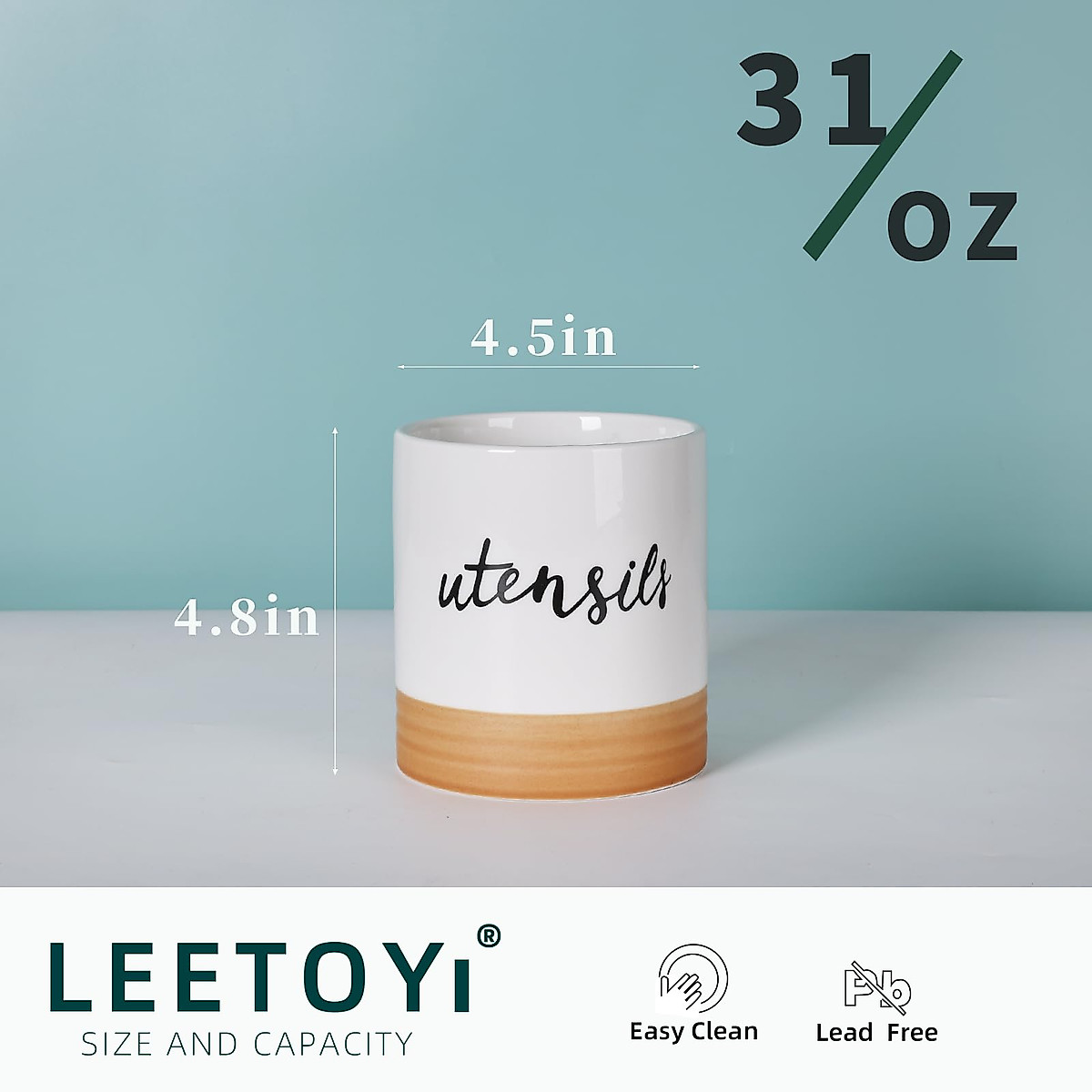 LEETOYI Ceramic Utensil Holder, Utensil Crock for Kitchen Counter, Farmhouse Kitchen Decor, Countertop Utensil Storage Caddy Organizer, Easy to Clean 4.5 inch, White