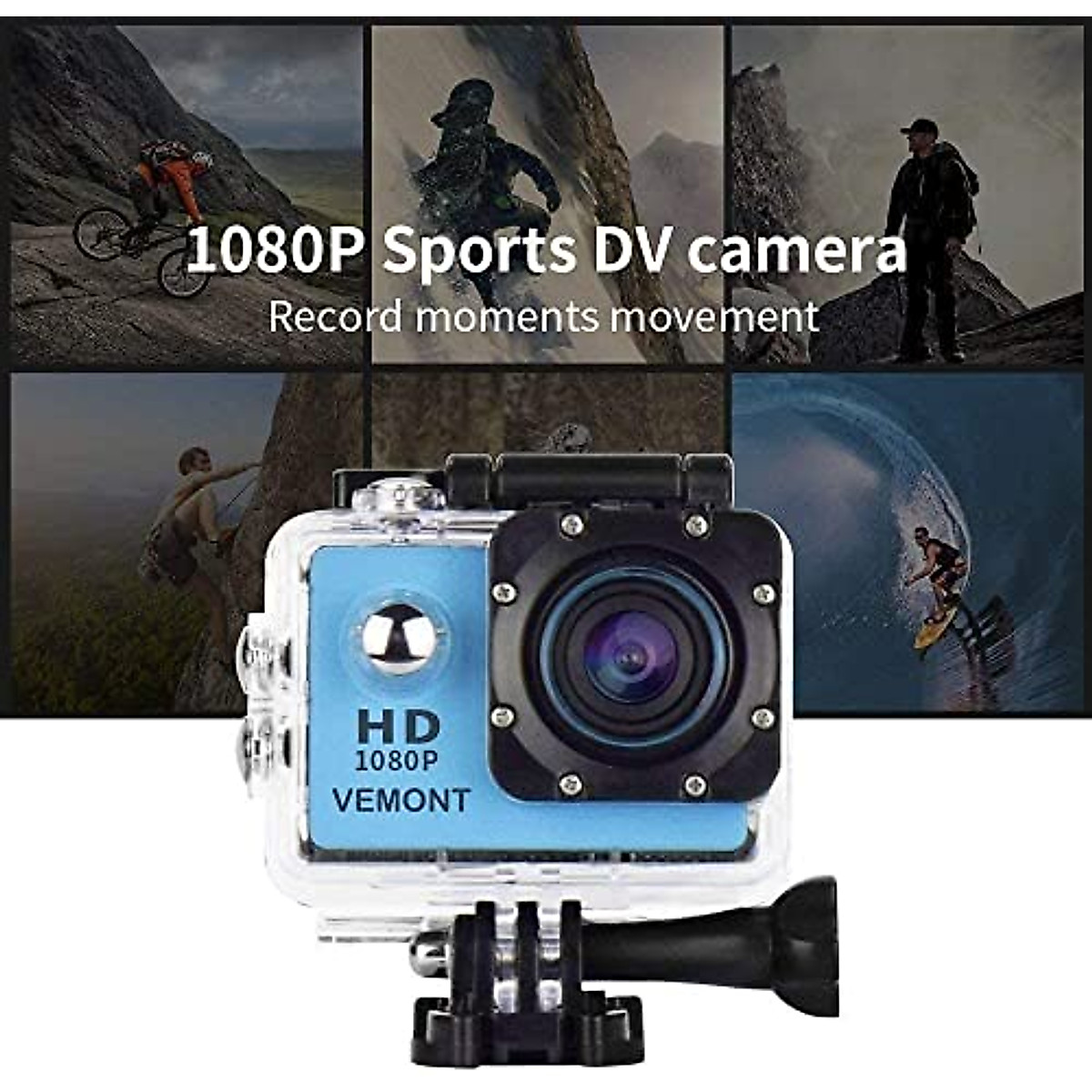 VEMONT Action Camera, 1080P 12MP Sports Camera Full HD 2.0 Inch Action Cam 30m/98ft Underwater Waterproof Camera with Mounting Accessories Kit