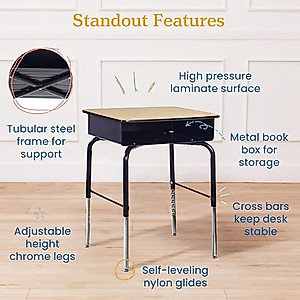 ECR4Kids Open Front Desk with Metal Storage Book Box, Adjustable, Classroom Furniture, Maple/Black