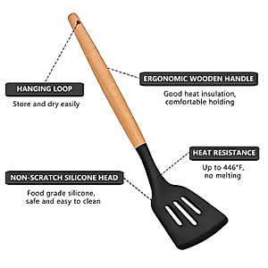 Homikit 35-Piece Kitchen Cooking Utensils Set with Holder, Non-Stick Silicone Cookware Utensils Spatula Set, Heat Resistant Kitchen Tools with Spoon Whisk Turner Tong, Wooden Handle, Black