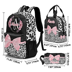 Anneunique Customized Leopard Print Pink Black Bow Backpacks Set with Name Multifunctional Series Pack 1Casual Pack +1Lunch Handbag +1Pencil Case