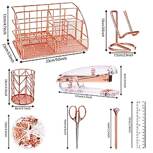 KAAKOW Rose Gold Desk Organizers and Accessories Office Supplies Set Stapler, Pen Holder, Phone Holder, Scissors, Pen, Ruler, 30 Paper Clips, 22 Binder Clip, 20 Tacks and 1000pcs Staples (Rose Gold)
