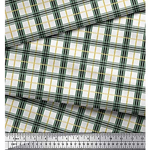 Soimoi Green Cotton Canvas Fabric Plaid Check Decor Fabric Printed Yard 56 Inch Wide