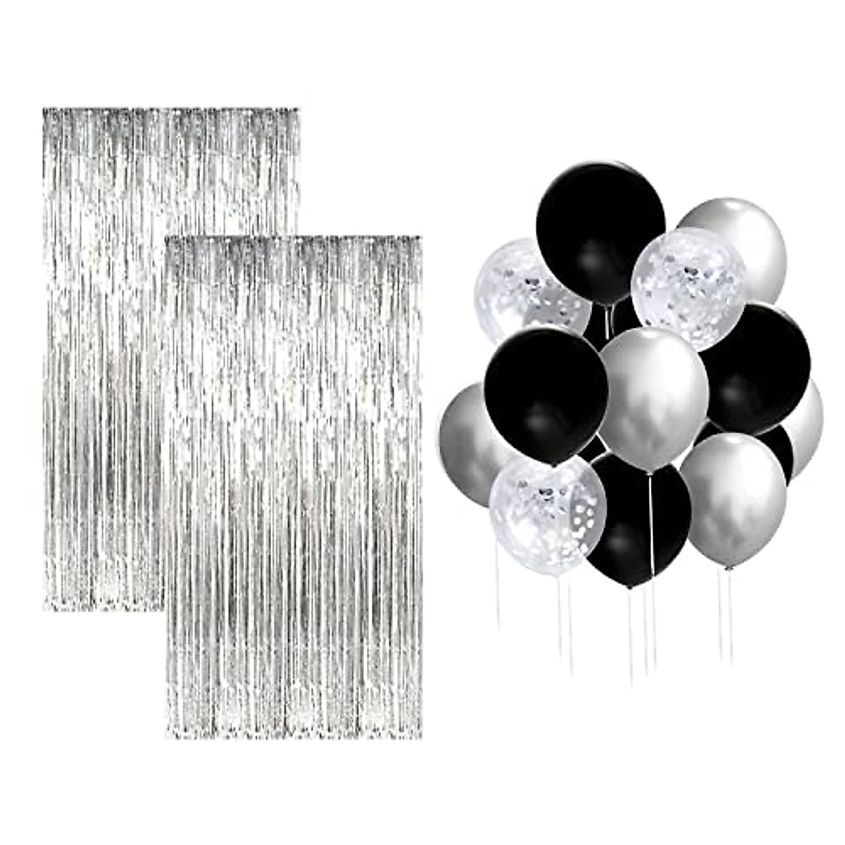 Black and Silver Party Decorations Kit, Silver Foil Fringe Curtain Backdrop, Black and Silver Balloons Set, Graduation Party Decorations 2023, Black and Silver Birthday Party Supplies