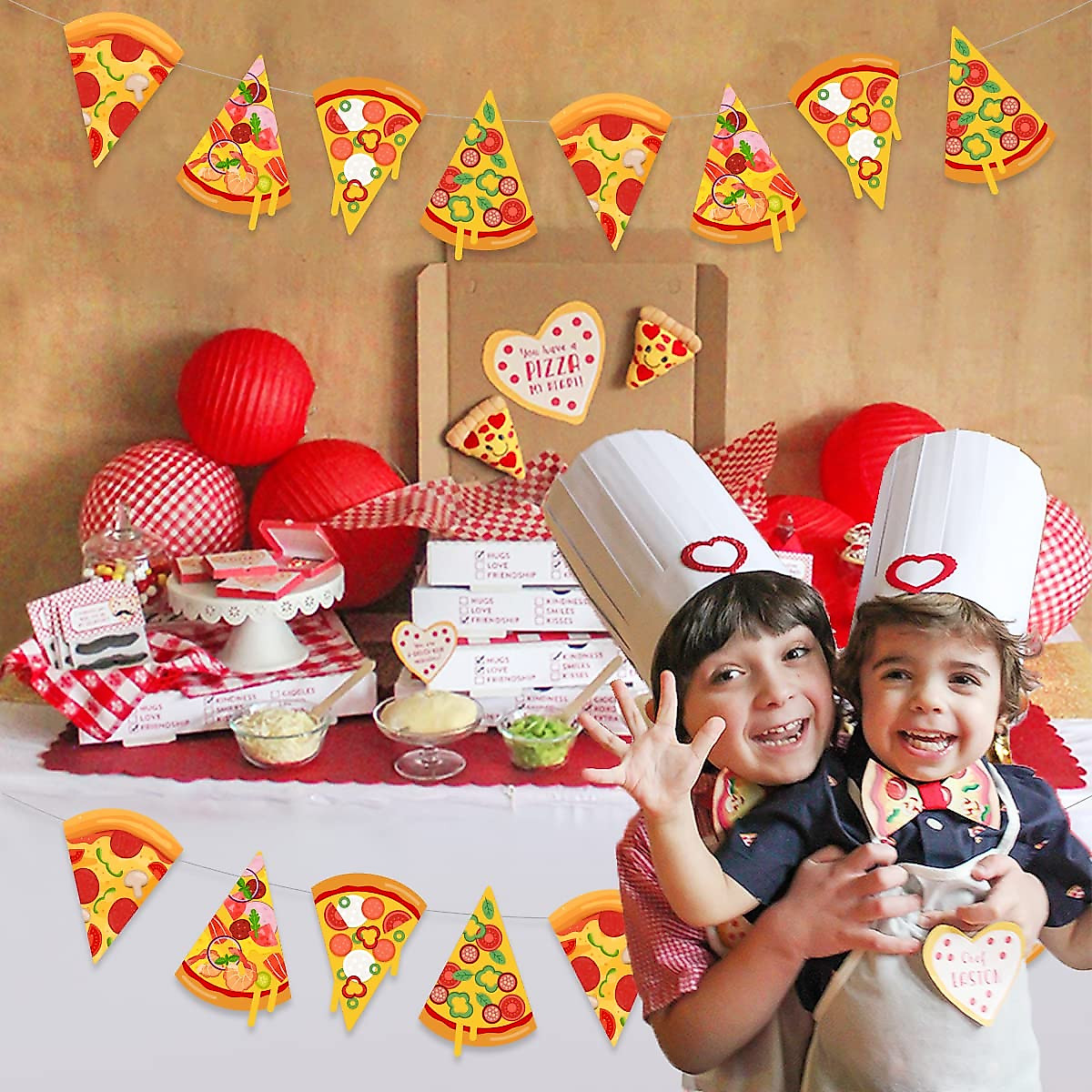 Fangleland 3 Pieces Pizza Banner, Pizza Theme Pennant Bunting Garland for Baby Shower, Birthday Bachelorette Party Supplies, Fast Food Theme Decorations for Pizza Party Time