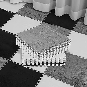 Amylove 36 Pcs Plush Foam Floor Mat Square Interlocking Carpet Tiles with Border Fluffy Play Mat Floor Tiles Soft Climbing Area Rugs for Home Playroom, 12 x 12 x 0.4 Inch (White, Gray, Black)