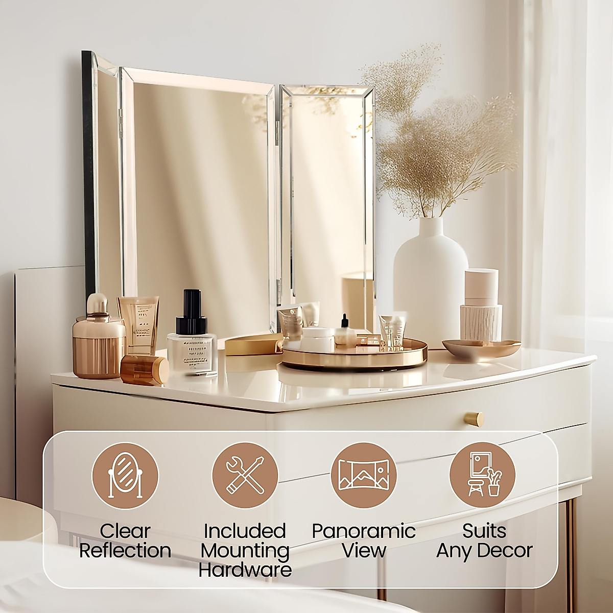 3 Way Mirror, Trifold Mirror, Trifold Vanity Mirrors, Three Way Folding, Tri Fold, For Braiding Hair, 3way, 3 Sided, Three Panel, Triple, Tabletop, Bathroom, Bedroom, Makeup, 360, 28 x 40 Inch