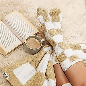 Orelle “Cream Puff” - Soft Knit Checkered Throw Blanket & Socks - Cozy Checkered Blanket Throw - Fluffy Checkerboard Blanket - Aesthetic Tan Checker Blanket Checkered Decor - Buttercream Beige. 55x67