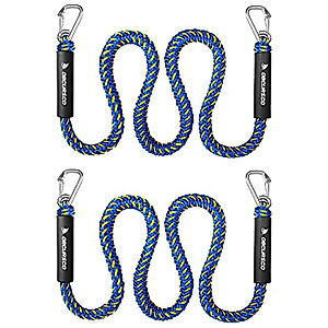 Obcursco Bungee Dock Line, Jet Ski Dock Line with Double 316 Stainless Steel Clips, Boat Snubber Docking Rope for PWC, Boat Accessories for Waverunner, Seadoo, Kayak, 2 Pack 4-5.5ft Yellow & Blue