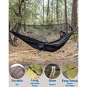 Sunyear Hammock Camping with Rain Fly Tarp and Net, Portable Camping Hammock Double Tree Hammock Outdoor Indoor Backpacking Travel & Survival, 2 Tree Straps,100% Waterproof, Black