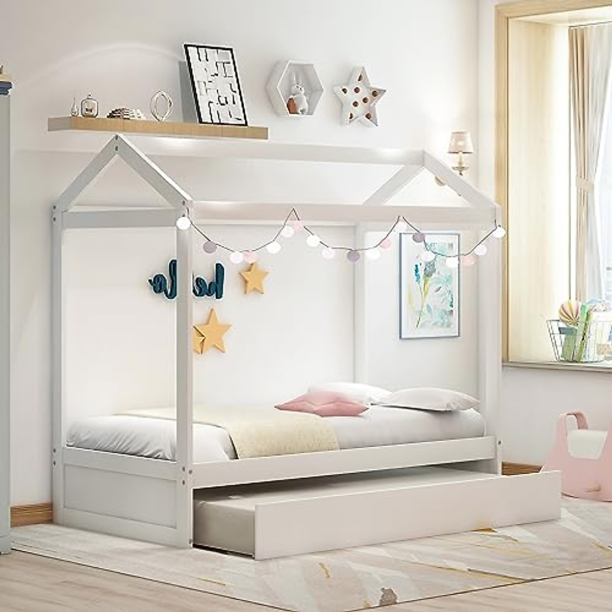 Lostcat Twin Size House Bed with Trundle, Solid Pine Wood Bed Frame and Roof Design, Can be Decorated, for Kids, Girls and Boys, No Box Spring Need, Easy to Assemble, White