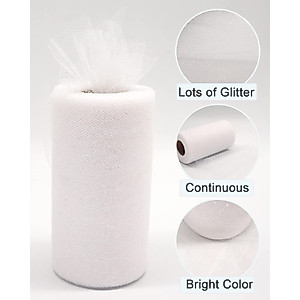 Glitter Tulle Fabric Rolls, 6 Inch 50 Yards (150ft) Sparkling Spool Ribbon Sequin Netting for Tutu Skirt Gift Wrapping Wedding Party Decoration (White)