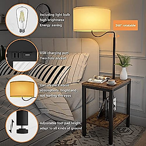 LityMax LED Floor Lamp with Table - Rustic End Table with USB Charging Port, Power Outlet, Bedside Nightstand Shelves, Side Table with Reading Standing Light for Living Room, Bedroom, Bulb Included