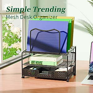 Simple Trending Mesh Desk Organizer with Sliding Drawer, Double Tray with 5 Sections File Bookshelf, Black