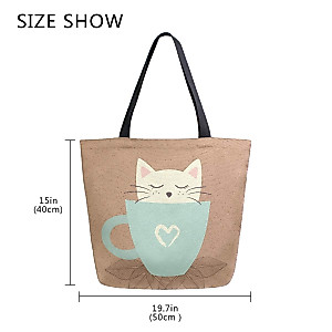 ALAZA Large Canvas Tote Bag Hello Fall Cute Cat Coffee Brown Shopping Shoulder Handbag with Small Zippered Pocket