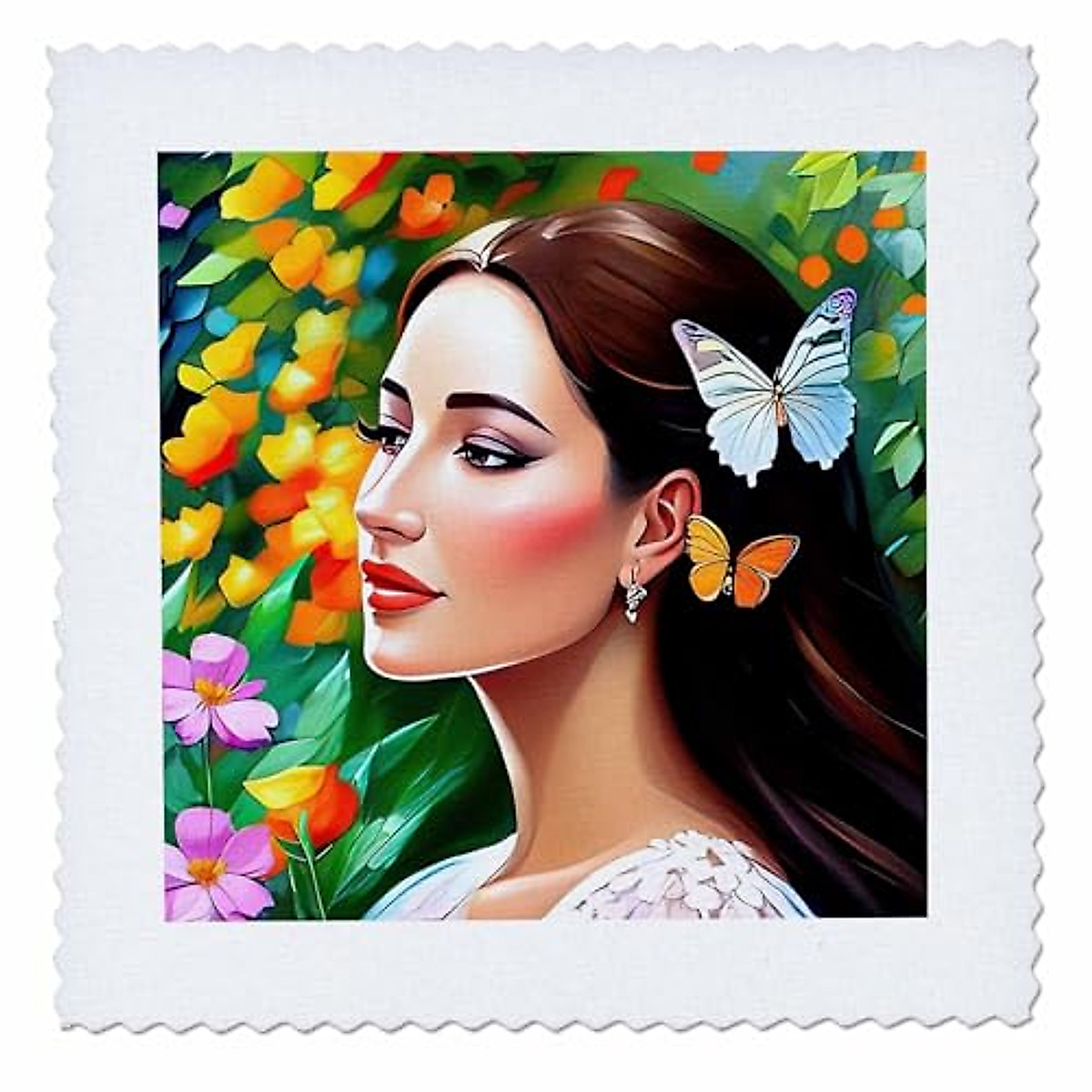 3dRose Adorable Young Woman and Two Butterflies on her Head in The... - Quilt Squares (qs-379123-2)