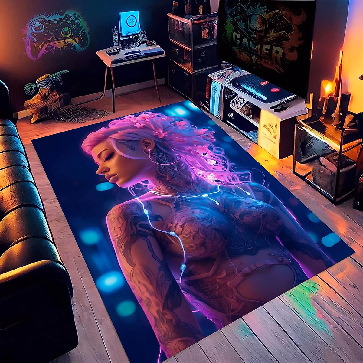 Modern Anime Gaming Area Rug 2x3 Neon Sexy Tattood Game Girl Print Carpet for Gaming Room Non Slip Washable Playroom Bedroom Decor Popular Endearing Kids Boys Gift
