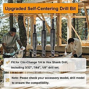 Upgraded CC2430 3/32", 7/64", 1/8" Self Centering Drill Bit VIX Bit for 1/4 in Clic-Change Hex Shank Drill, #6 8 10 Self Centering Hinge Drill Bit Center Finding Drill Bit Set, 3 Piece