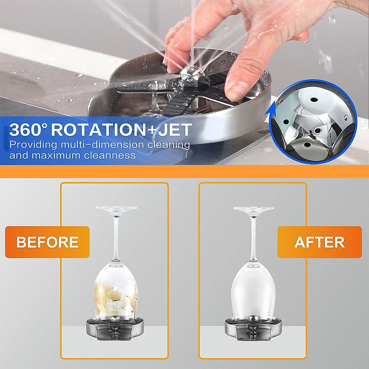 Stainless Steel Glass Rinser, With 360° Rotating Sink Bottle Washer, For Glass Rinser for Kitchen Sink, Kitchen Sink Accessories, Metal Cup Washer, Brushed Stainless…