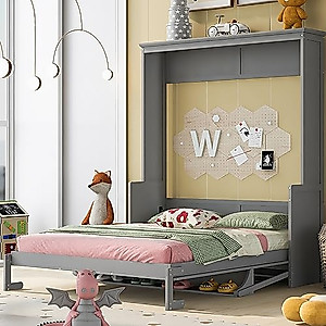 HBRR Queen Murphy Bed Chest, Versatile Cabinet BedFrame for Guest Room Home Office, Space-Saving, No Box Spring Needed, Gray w/Storage Shelf