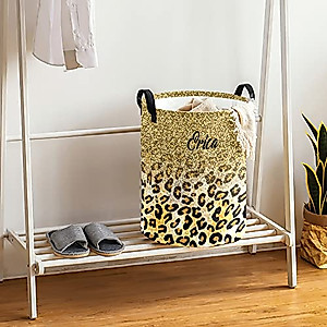 Golden Leopard Print Personalized Waterproof Foldable Laundry Basket Bag with Handle, Custom Collapsible Clothes Hamper Storage Bin for Toys Laundry Dorm Travel Bathroom