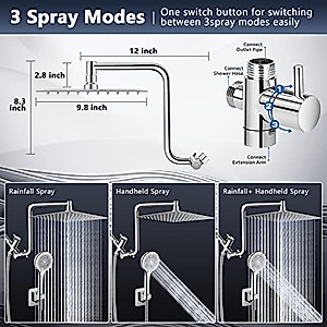 Shower Head High Pressure, 10" Rain Shower Head with Handheld Combo, with Upgraded 12" Adjustable Curved Shower Extension Arm, 4 Settings Handheld Shower Built-in Power Wash, Height/Angle Adjustable
