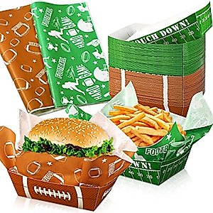 Pajean 100 PCS Football Py Supplies 1.1 lb 50 Paper Food Trays Serving Boats with Grease Resistant Liner Papers Waxed Deli Sheets for Birthday Sport Game Favors Decorations