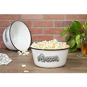 Red Co. Set of 2 Extra Large Enamelware Metal Classic 4 Quart Mixing & Serving Popcorn Bowls, White/Black Rim