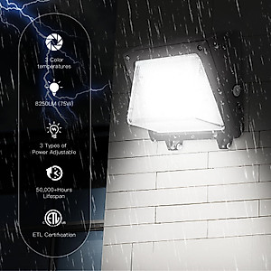 JTT LED Wall Pack Lights Outdoor with Dusk to Dawn Photocell, Selectable 75W/60W/45W, 8250LM/6600LM/4950LM, 6000K/5000K/4000K,Waterproof Flood Security Wall Pack Lighting for Garage Yard Parking Lo