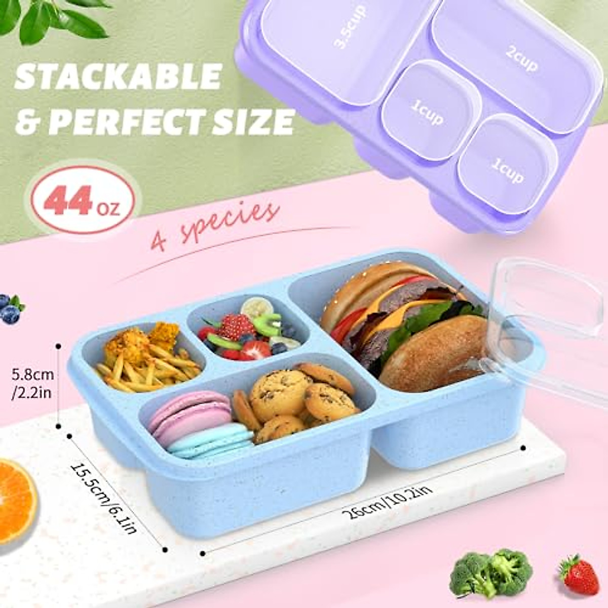 XGXN Bento Lunch Box Set - 4 Meal Prep Containers for Kids & Adults, Thickened and Easy-to-clean Lunch Box Containers, Stackable, Microwave Safe, BPA-Free (Wheat(Purple/Green/Blue/Orange))