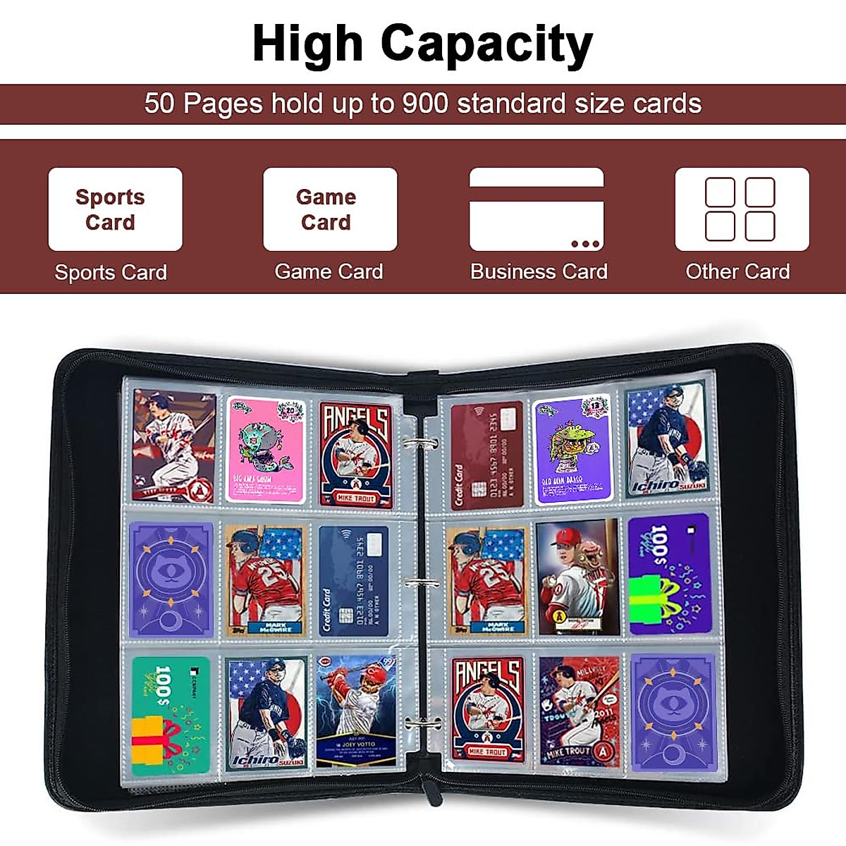 Trading Card Binder 9 Pocket, FOME Portable Card Binder Trading Card Holder with 900 Cards and 50 Removable Sleeves, Binder Photo Album Suitable for Yugioh MTG TCG Game Cards, Sports Cards
