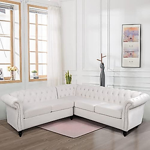 RARZOE Chesterfield L Shaped Sectional Sofa Couch, Deep Button Tufted Velvet Upholstered Rolled Arm Classic Chesterfield Settee Sofa, Modern 5 Seater Couch Furniture for Living Room, White