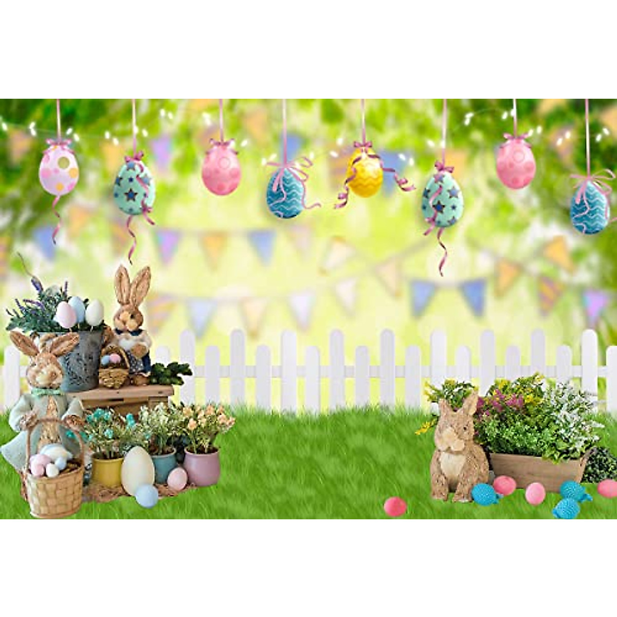 7X5ft Spring Garden Background Easter Photography Backdrop Easter Rabbit Colorful Egg Fence Flag Background Spring Easter Floral Bokeh Photo Studio Booth