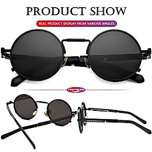 AIEYEZO Round Steampunk Sunglasses Circle Lennon Glasses Gothic Metal Frame 100% UV Blocking Lens (Black/Grey)