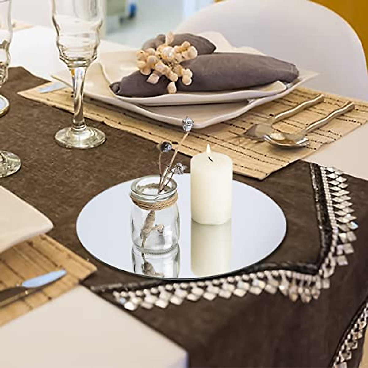 VASUHOME 12" Round Mirror Centerpieces for Tables, Mirror Tray Set for Wedding and Party Decorations, Circle Mirror Plates with Smooth Edge and Cushioned Feet, 2mm Thick