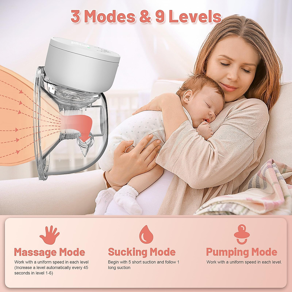 Wearable Breast Pump Hands Free: Portable Electric Breast Pumps with 24mm Flange 3 Modes 9 Levels Leak-Proof Massage Function Single Rechargeable Wireless Low Noise Painless Breastfeeding Pump