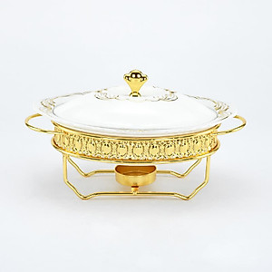 HONHPD 3 Piece Set Ceramics Oval Chafing Dish 1.0/1.5/2.0L Luxury an Crown Gold Food Warmer Set for Buffet Weddings, Parties, Banquets, Catering Events, Golden