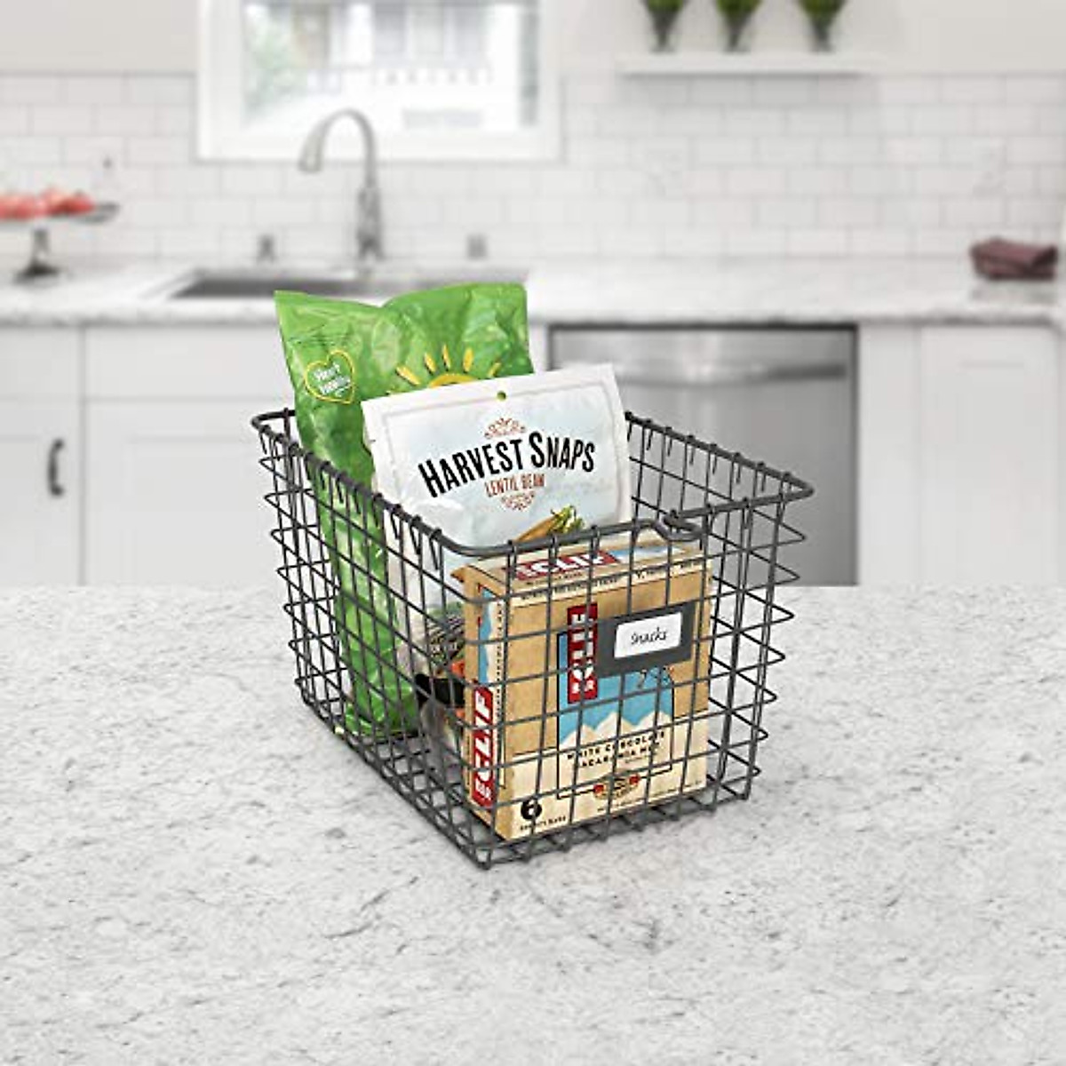 Spectrum Wire Small Basket with Label Plate (Industrial Gray) - Storage Bin & Décor for Bathroom, Closet, Pantry, Under Sink, Toy, Shelf, Kitchen, & Nursery Organization