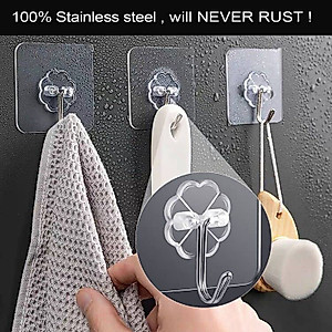 Adhesive Hooks for Hanging, Stainless Steel 16 Pack Sticky Wall Hooks 22lb(Max) Removable, Heavy Duty Self Adhesive Hooks Waterproof Oilproof for Bathroom Shower Kitchen Outdoor Towel Keys, Clear