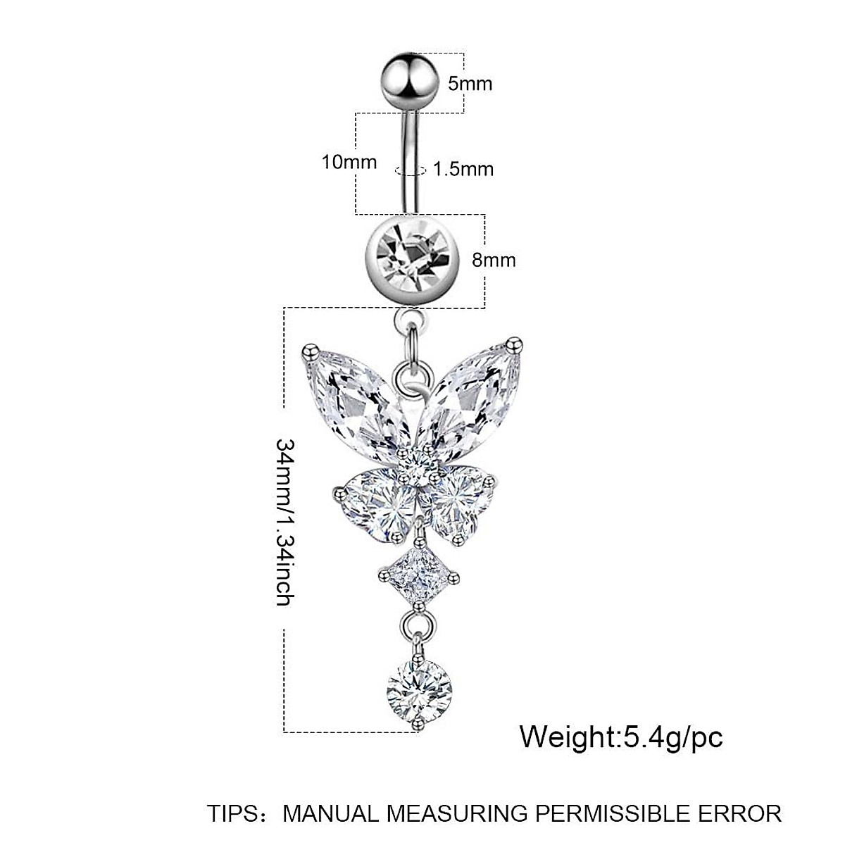 Dangle Belly Button Rings 316L Surgical Steel Belly Rings,14G Butterfly Belly Button Ring Dangling CZ Belly Screw Navel Barbell Piercing Jewelry for Women-butterfly 3